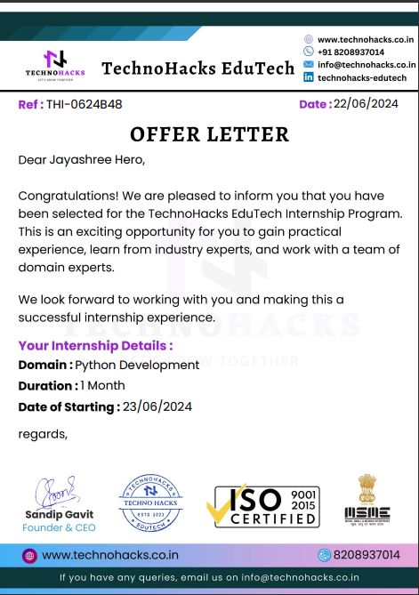 Jayashree Hero on LinkedIn: #internshipoffer #pythondevelopment # ... Jayashree Hero on LinkedIn: #internshipoffer #pythondevelopment # ...