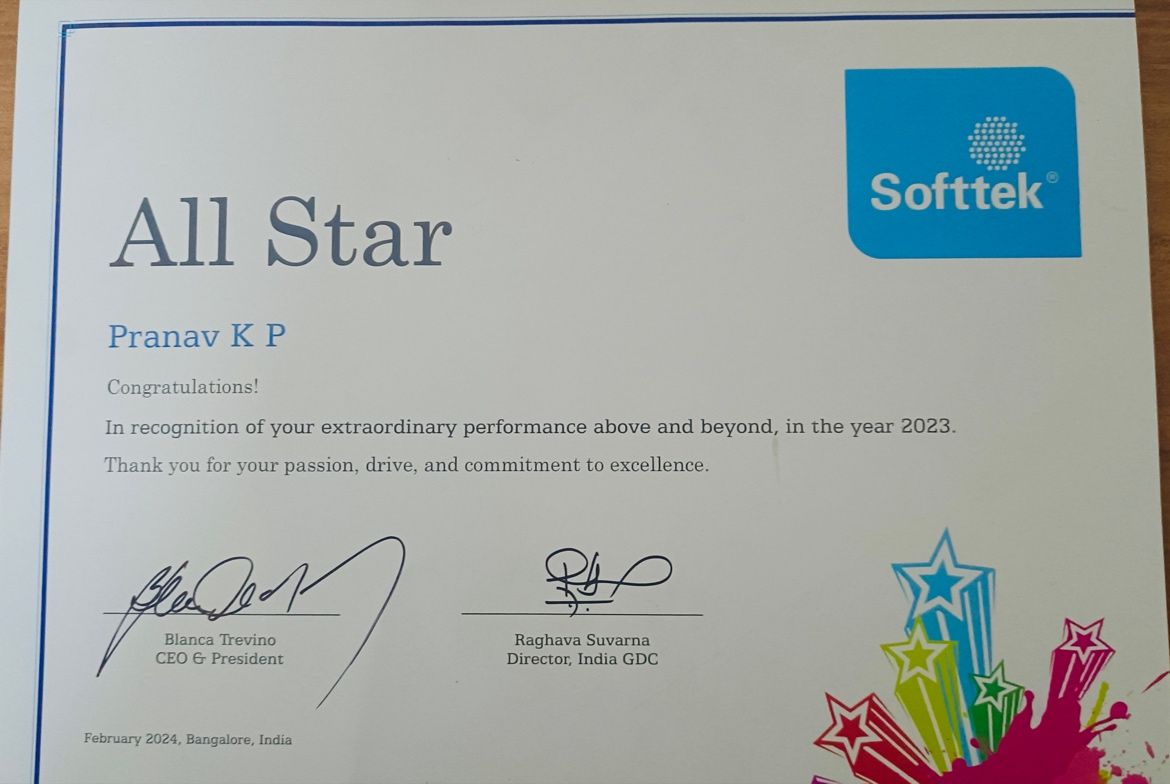 Pranav K P on LinkedIn: Thank you Softtek 😇 Pranav K P on LinkedIn: Thank you Softtek 😇