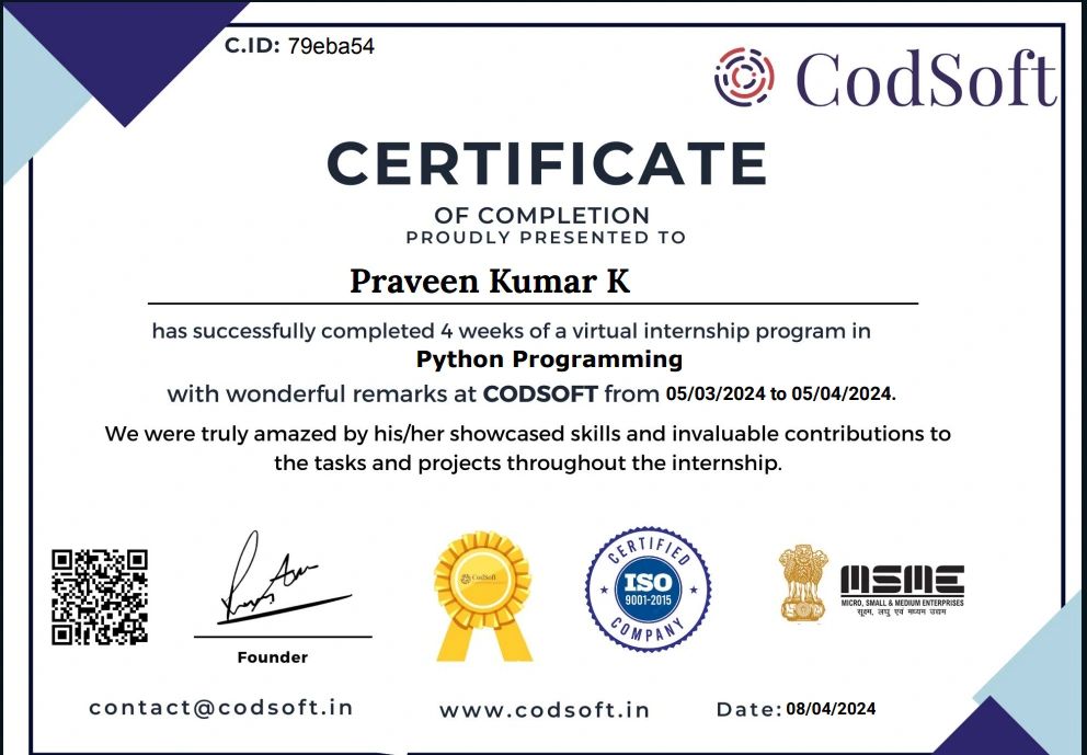 Praveen Kumar K on LinkedIn: #python #internshipcomplete #codsoft Praveen Kumar K on LinkedIn: #python #internshipcomplete #codsoft
