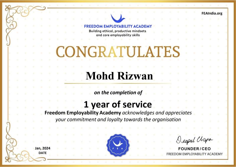 mohd. rizwan on LinkedIn: #tenurecertificate #oneyearanniversary # ... mohd. rizwan on LinkedIn: #tenurecertificate #oneyearanniversary # ...