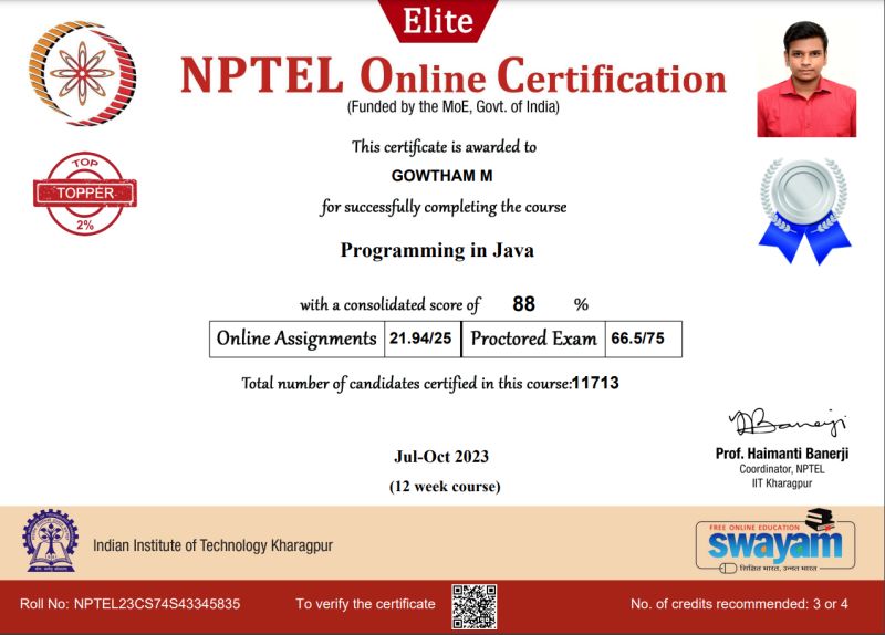 Gowtham M on LinkedIn: #nptel #javaprogramming #java #javadeveloper #elite Gowtham M on LinkedIn: #nptel #javaprogramming #java #javadeveloper #elite