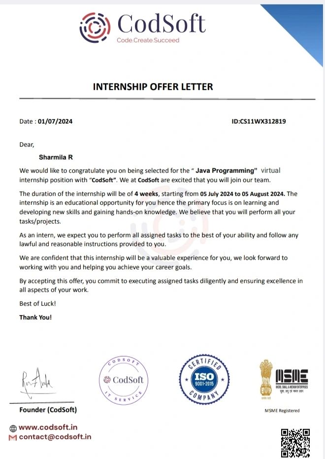 Sharmila R on LinkedIn: #instership #javaprogramming #codsoft Sharmila R on LinkedIn: #instership #javaprogramming #codsoft