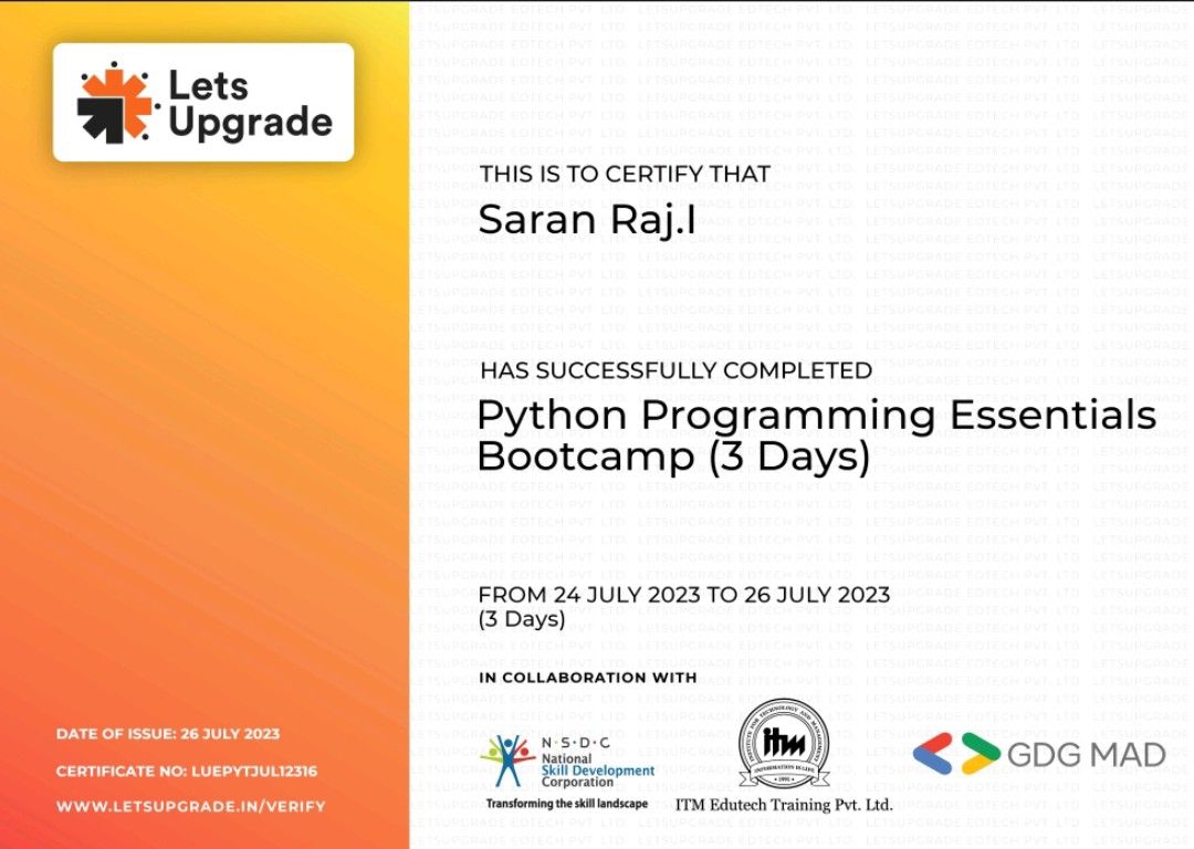 Saran Raj on LinkedIn: #letsupgrade #pythonprogramming #bootcamp #python Saran Raj on LinkedIn: #letsupgrade #pythonprogramming #bootcamp #python