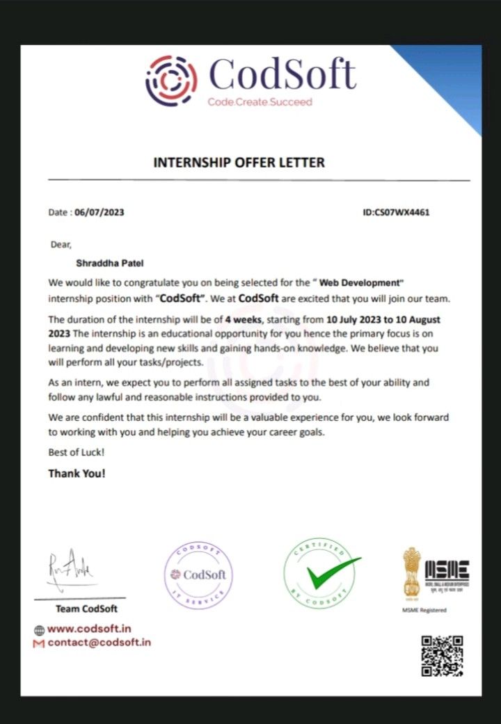 Shraddha Patel on LinkedIn: CodSoft internship Shraddha Patel on LinkedIn: CodSoft internship