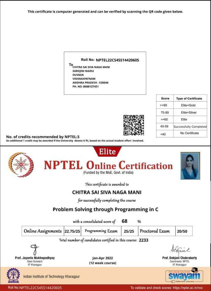 Chitra Sai Siva Nagamani on LinkedIn: NPTEL certificate on Problem ... Chitra Sai Siva Nagamani on LinkedIn: NPTEL certificate on Problem ...