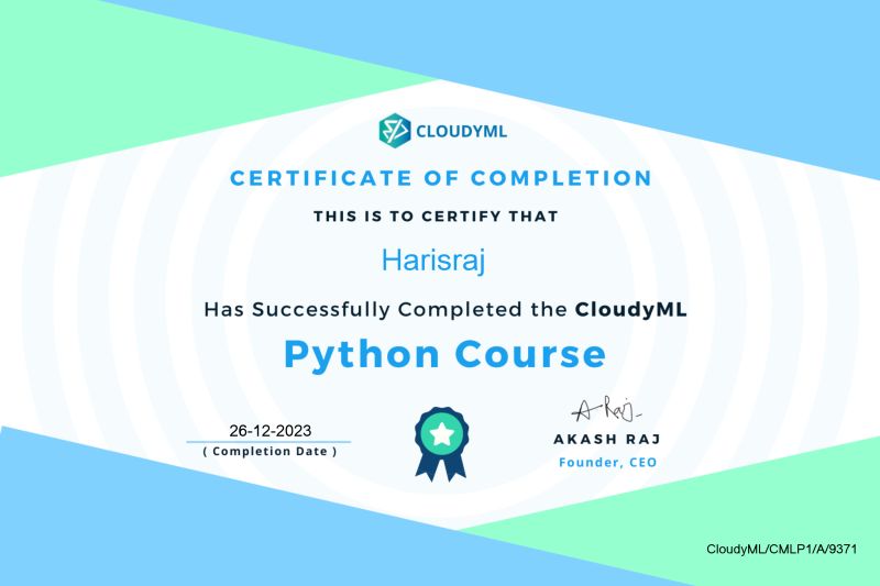 I completed Python topic in Data Analytics course by CloudyML ... I completed Python topic in Data Analytics course by CloudyML ...