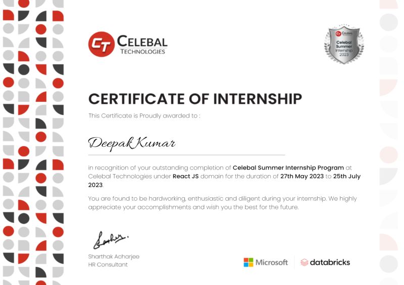 Deepak Kumar on LinkedIn: #reactjs #internship #celebaltechnology # ... Deepak Kumar on LinkedIn: #reactjs #internship #celebaltechnology # ...