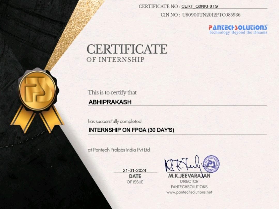 Abhiprakash rajesh on LinkedIn: #fpga #pantechsolution #certificate # ... Abhiprakash rajesh on LinkedIn: #fpga #pantechsolution #certificate # ...