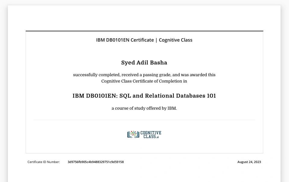 Syed Adil Basha on LinkedIn: #ibm #sqldatabase #cognitiveclass Syed Adil Basha on LinkedIn: #ibm #sqldatabase #cognitiveclass