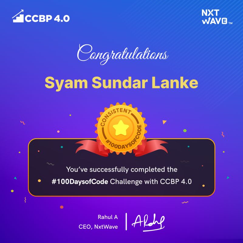 Syam Sundar Lanke on LinkedIn: #100daysofcodingchallenge #dedication # ... Syam Sundar Lanke on LinkedIn: #100daysofcodingchallenge #dedication # ...