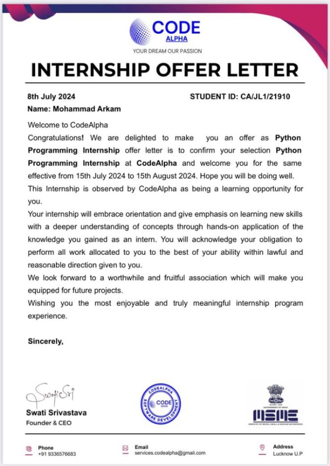 Mohammad Arqam on LinkedIn: #codealpha #python_programming #internship Mohammad Arqam on LinkedIn: #codealpha #python_programming #internship