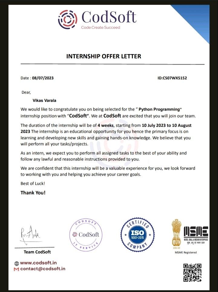 Vikas Varala on LinkedIn: #codesoft #pythonprogramming #internship # ... Vikas Varala on LinkedIn: #codesoft #pythonprogramming #internship # ...