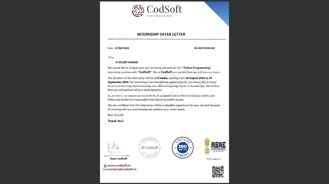 Dileep Kumar on LinkedIn: CodSoft Dileep Kumar on LinkedIn: CodSoft