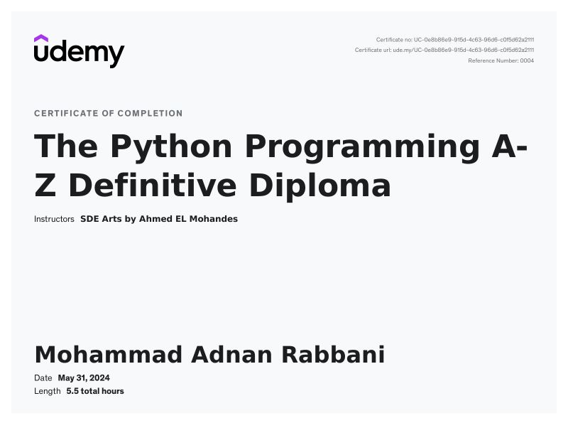 Mohammad Adnan Rabbani on LinkedIn: #python #programming #certification ... Mohammad Adnan Rabbani on LinkedIn: #python #programming #certification ...