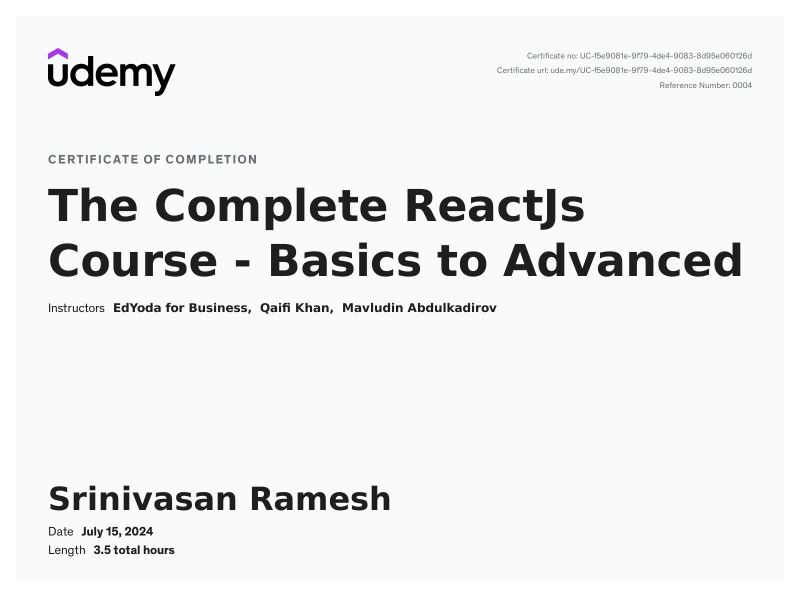 SRINIVASAN RAMESH on LinkedIn: #reactjs #udemy #course #certification # ... SRINIVASAN RAMESH on LinkedIn: #reactjs #udemy #course #certification # ...