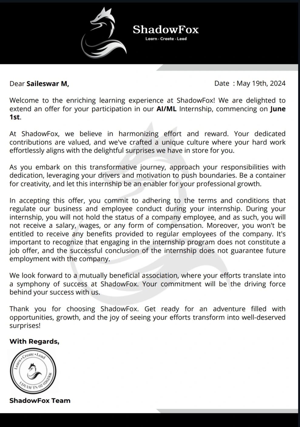SAILESWAR MANI on LinkedIn: #internship #shadowfox #careerdevelopment SAILESWAR MANI on LinkedIn: #internship #shadowfox #careerdevelopment