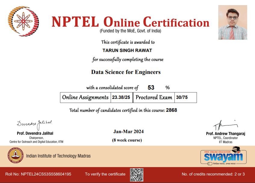 Tarun Singh Rawat on LinkedIn: #datascience #nptel #certification # ... Tarun Singh Rawat on LinkedIn: #datascience #nptel #certification # ...