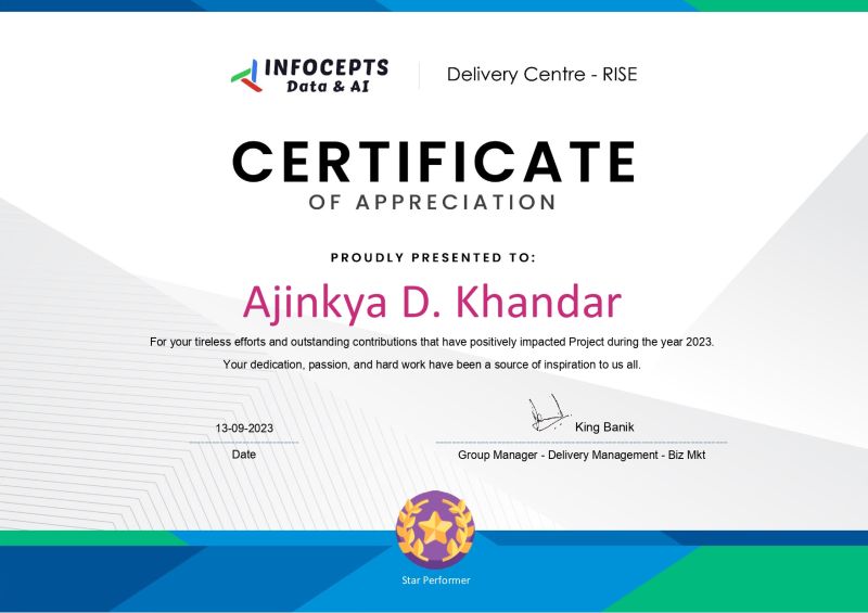 Ajinkya Khandar on LinkedIn: #starperformer #teamsuccess #infocepts Ajinkya Khandar on LinkedIn: #starperformer #teamsuccess #infocepts