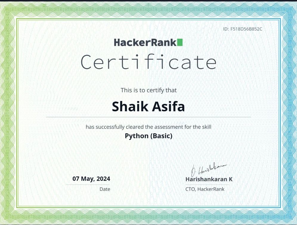 Shaik Asifa on LinkedIn: #hackerrank #certification #continuouslearning Shaik Asifa on LinkedIn: #hackerrank #certification #continuouslearning