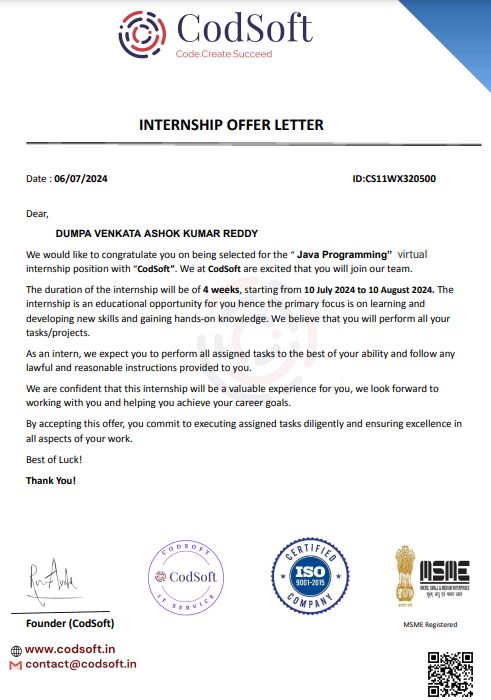 VENKATA ASHOK KUMAR REDDY DUMPA on LinkedIn: #codsoft #internship VENKATA ASHOK KUMAR REDDY DUMPA on LinkedIn: #codsoft #internship
