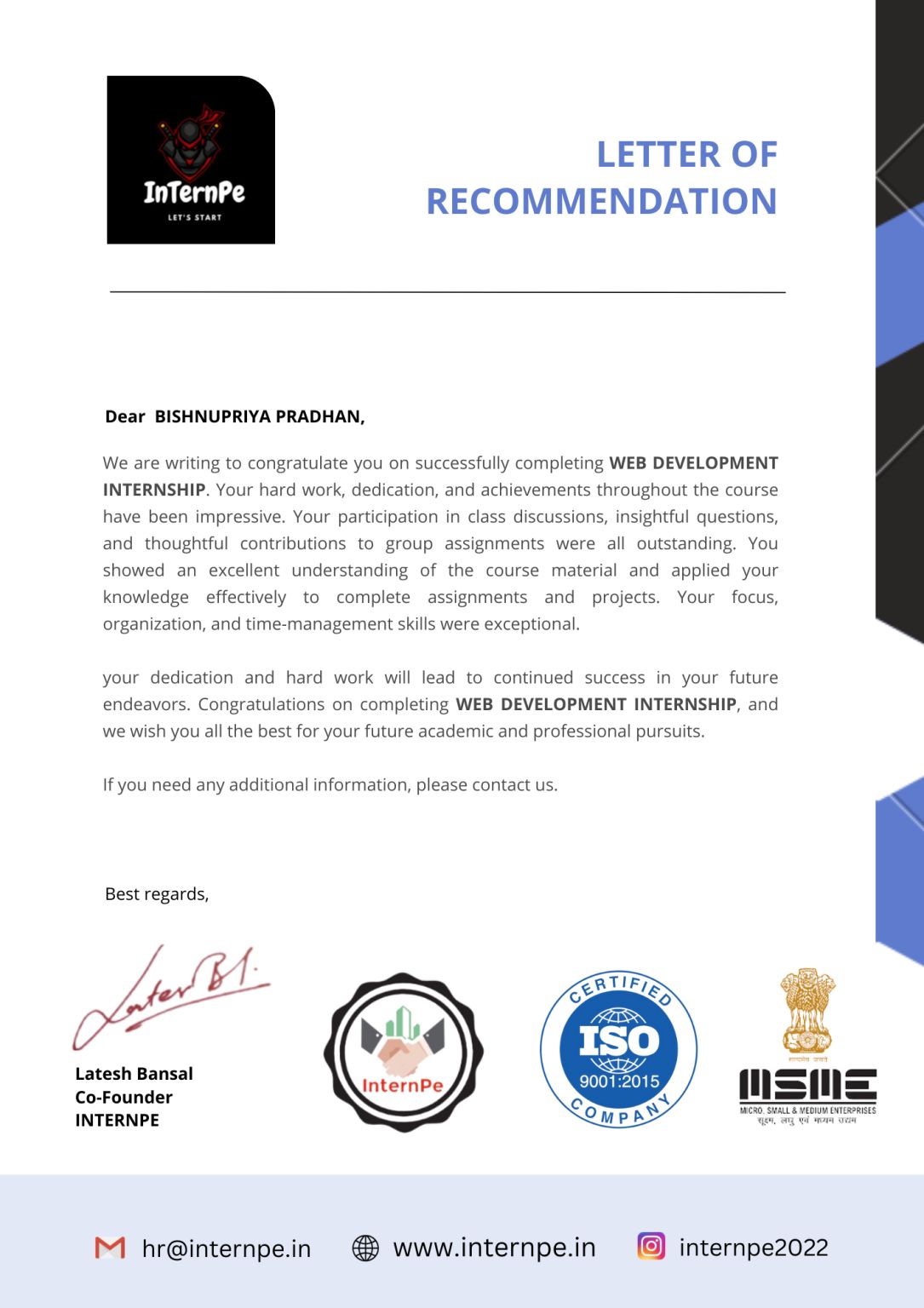 Bishnupriya Pradhan on LinkedIn: Thank you InternPe Bishnupriya Pradhan on LinkedIn: Thank you InternPe