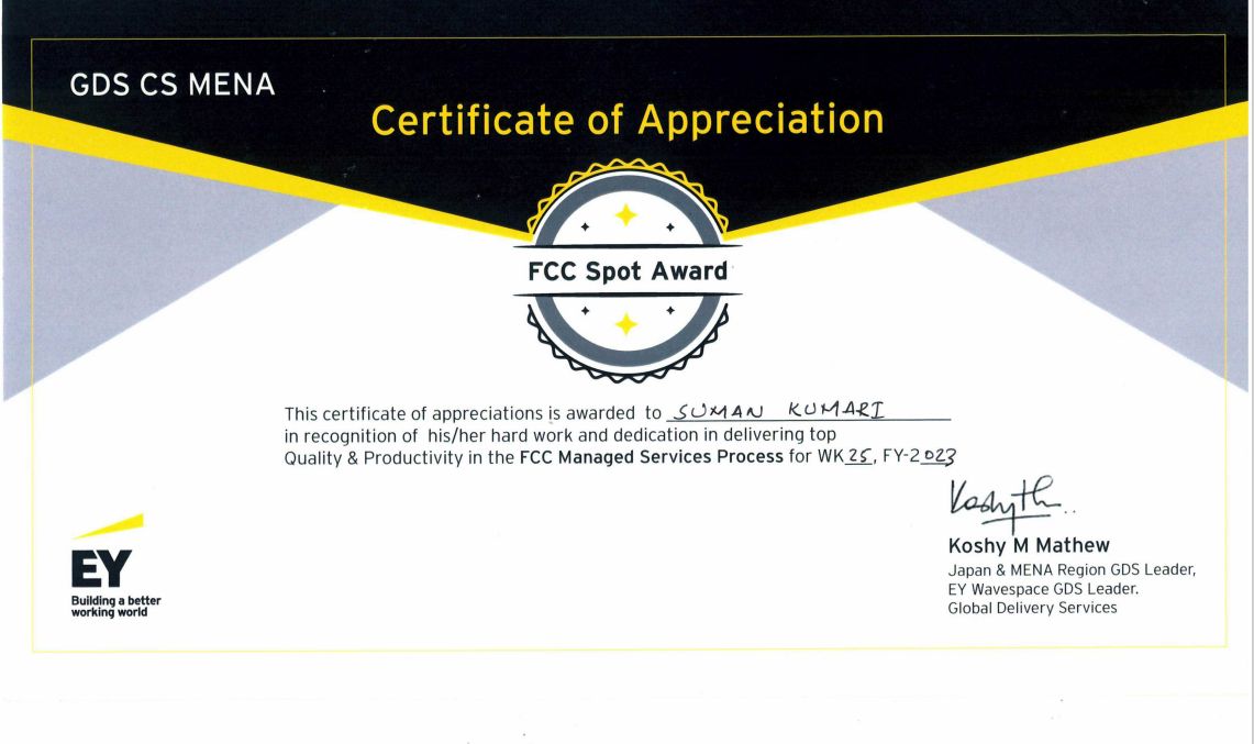 Suman Kumari on LinkedIn: #ey #certificateofappreciation Suman Kumari on LinkedIn: #ey #certificateofappreciation
