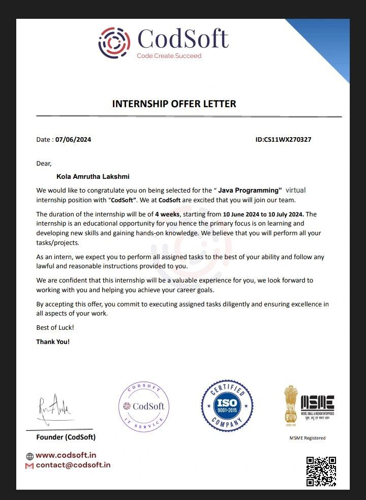 Amrutha laxmi Kola on LinkedIn: #codsoft #internship #trainee # ... Amrutha laxmi Kola on LinkedIn: #codsoft #internship #trainee # ...