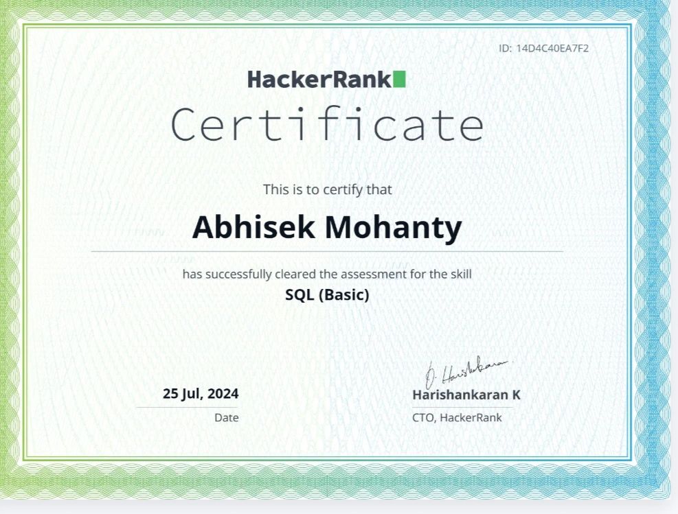 Abhisek Mohanty on LinkedIn: #hackerrank #sqldevelopers #success # ... Abhisek Mohanty on LinkedIn: #hackerrank #sqldevelopers #success # ...