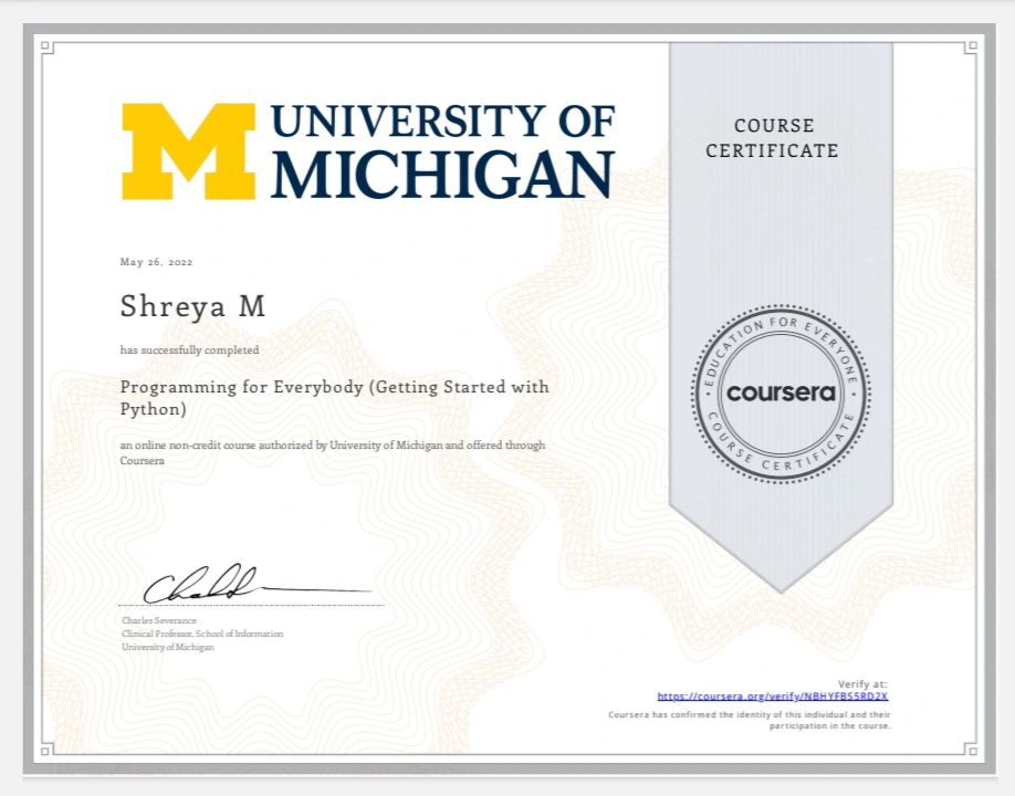 Shreya murali on LinkedIn: #python #coding #continuouslearning #coursera Shreya murali on LinkedIn: #python #coding #continuouslearning #coursera