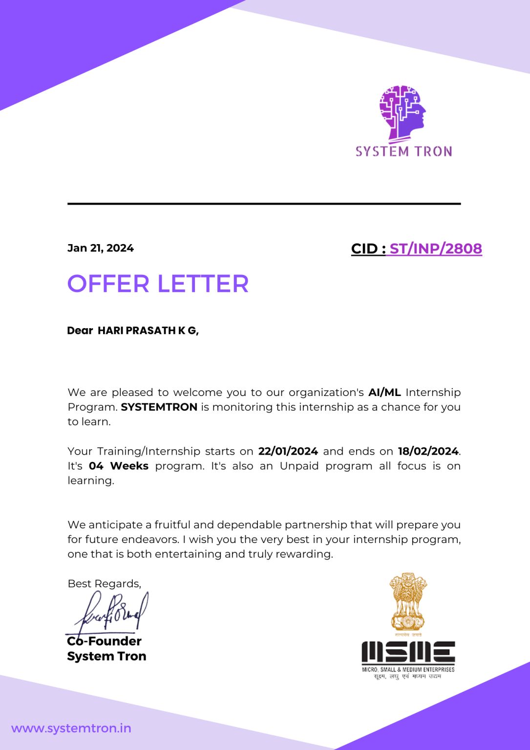 Hari Prasath K G on LinkedIn: #internship #cplusplus #systemtron Hari Prasath K G on LinkedIn: #internship #cplusplus #systemtron