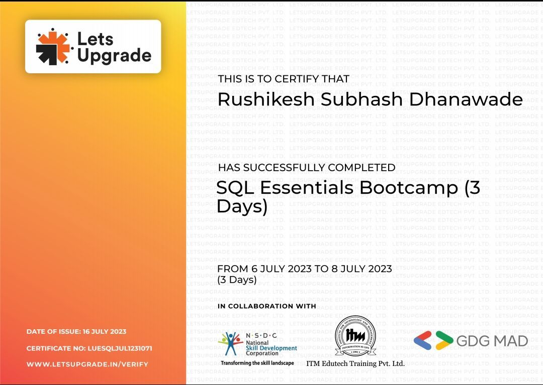 Rushikesh Dhanawade on LinkedIn: #sql #national #itm #gdg #certification Rushikesh Dhanawade on LinkedIn: #sql #national #itm #gdg #certification