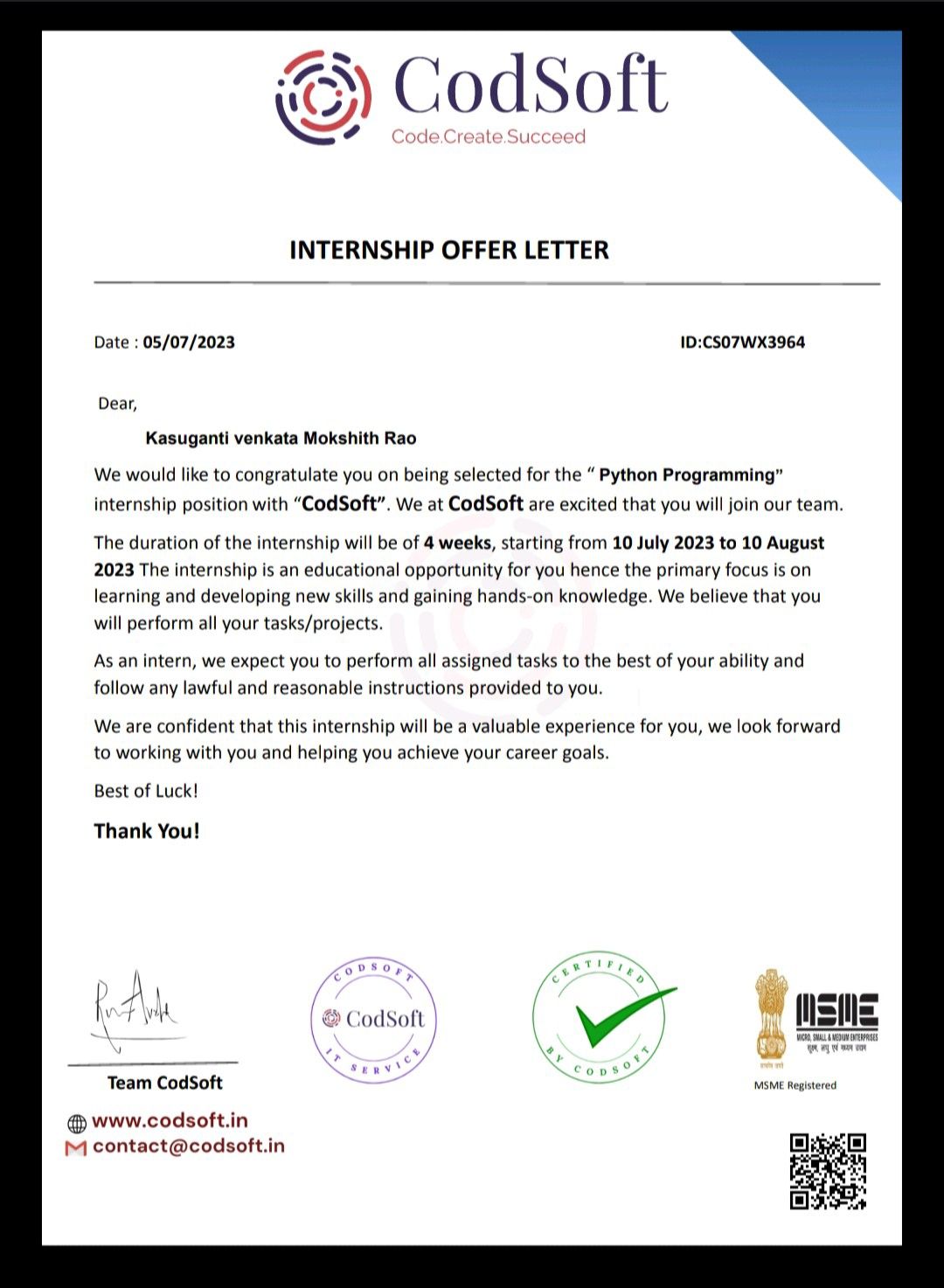 K.v. Mokshith rao on LinkedIn: #codsoft #internship2023 #pythonprogramming K.v. Mokshith rao on LinkedIn: #codsoft #internship2023 #pythonprogramming
