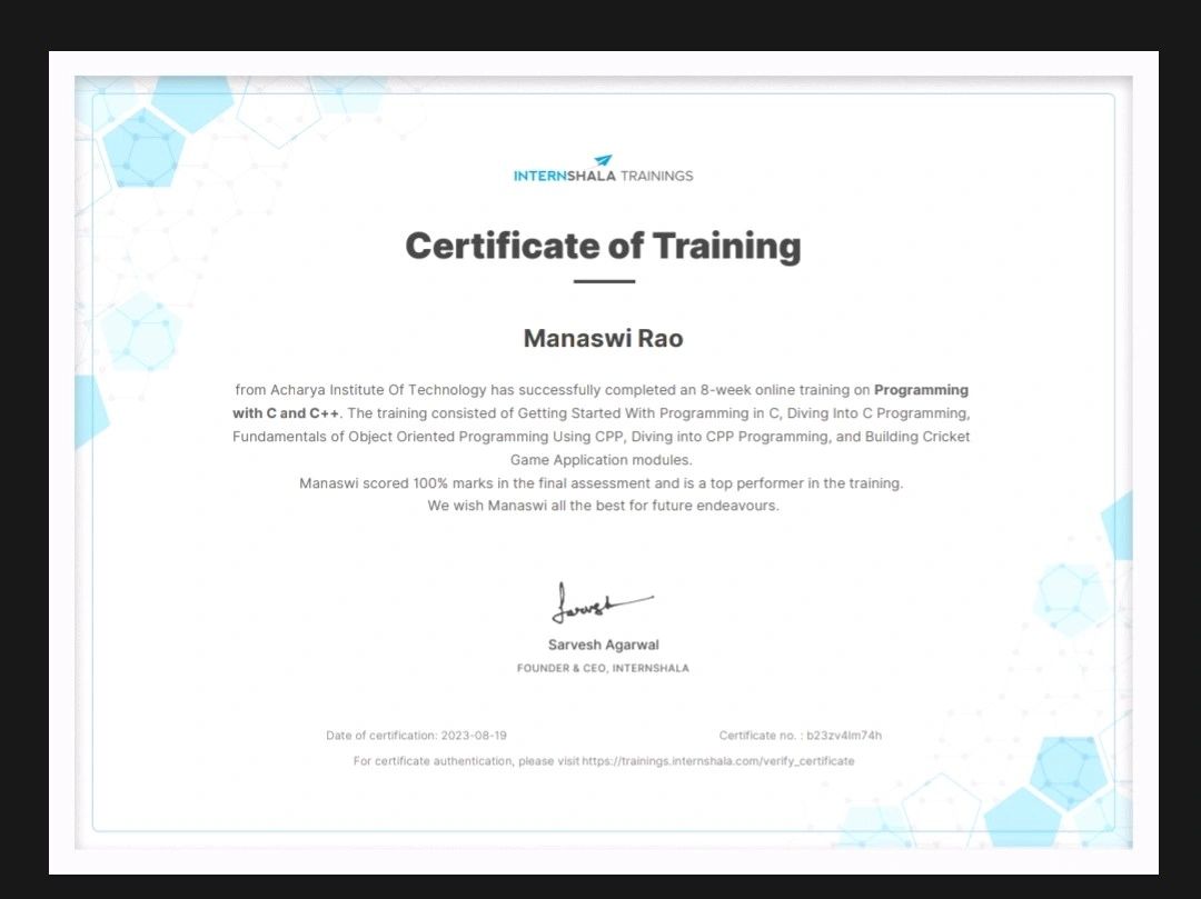 Manaswi S Rao on LinkedIn: #cprogramming #cpp #certificateachievement Manaswi S Rao on LinkedIn: #cprogramming #cpp #certificateachievement