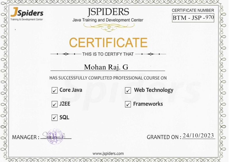 Mohan Raj on LinkedIn: Completed Java Full Stack Development in J ... Mohan Raj on LinkedIn: Completed Java Full Stack Development in J ...