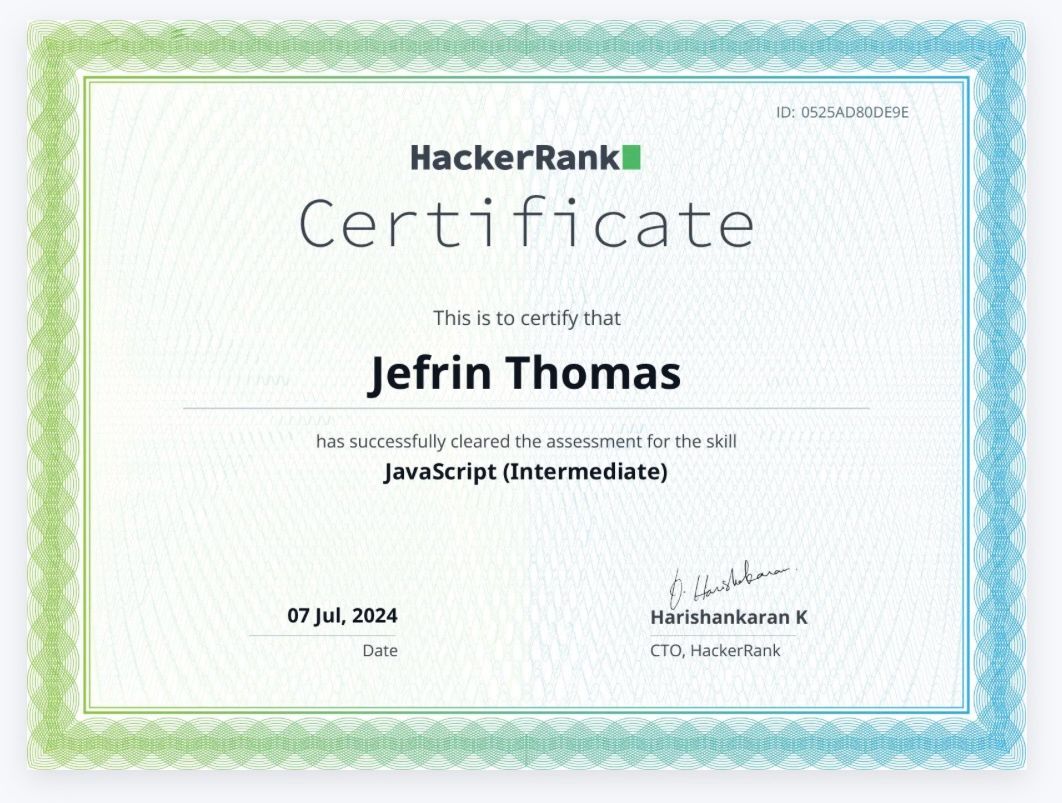 Jefrin Thomas on LinkedIn: #hackerrank #javascript #frontend # ... Jefrin Thomas on LinkedIn: #hackerrank #javascript #frontend # ...