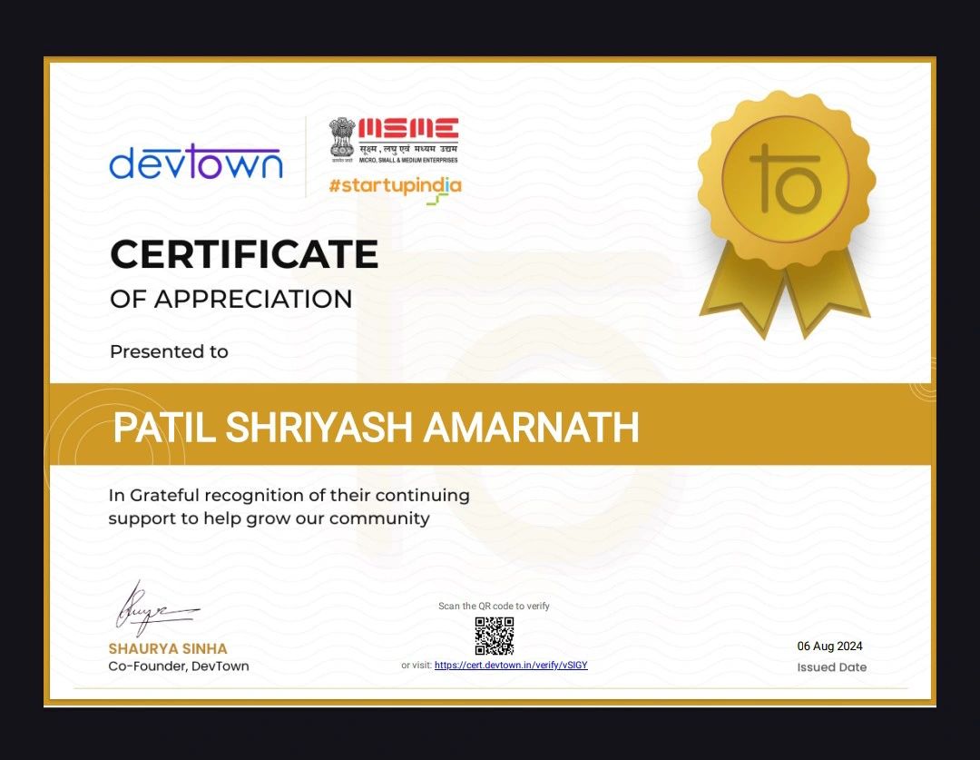 Shriyash Patil on LinkedIn: #gratitude #recognition #devtown Shriyash Patil on LinkedIn: #gratitude #recognition #devtown