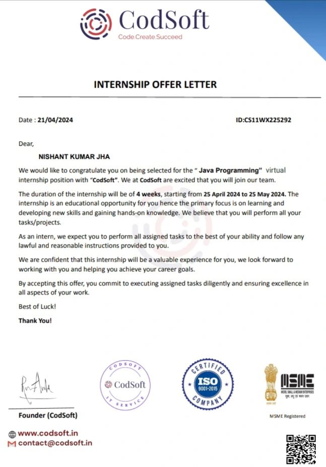 NISHANT KUMAR JHA on LinkedIn: #javaprogramminginternshipprogram # ... NISHANT KUMAR JHA on LinkedIn: #javaprogramminginternshipprogram # ...