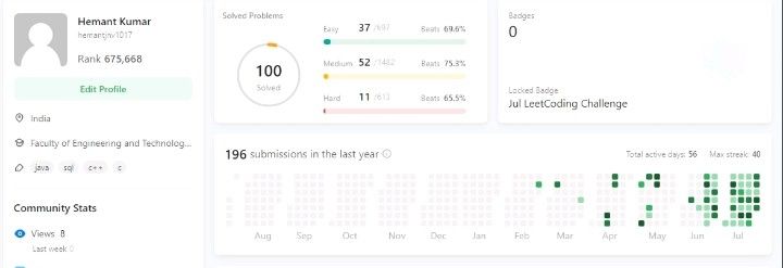 Hemant Kumar on LinkedIn: π Celebrating My First 100 LeetCode Questions ... Hemant Kumar on LinkedIn: π Celebrating My First 100 LeetCode Questions ...
