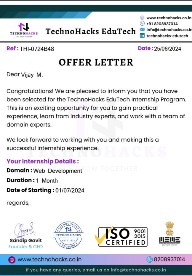 Vijay VJ on LinkedIn: #technohacks #webdevelopment #internship # ... Vijay VJ on LinkedIn: #technohacks #webdevelopment #internship # ...
