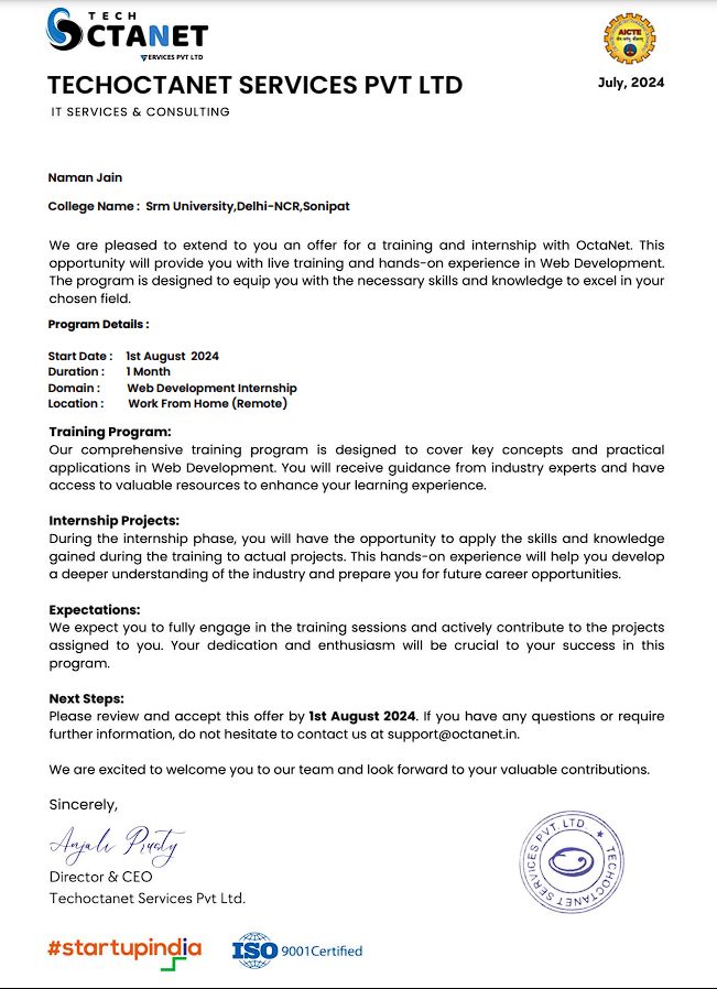 Naman Jain on LinkedIn: #internship #webdevelopment #octanet #careergrowth Naman Jain on LinkedIn: #internship #webdevelopment #octanet #careergrowth