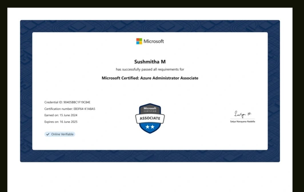 Sushmitha M on LinkedIn: #azure #cloud #certification #professionalgrowth Sushmitha M on LinkedIn: #azure #cloud #certification #professionalgrowth