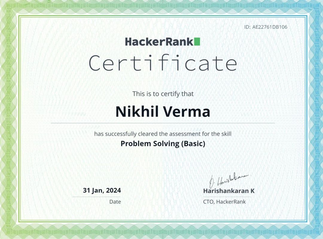 Nikhil Verma on LinkedIn: #hackerrank #certification #problemsolving # ... Nikhil Verma on LinkedIn: #hackerrank #certification #problemsolving # ...