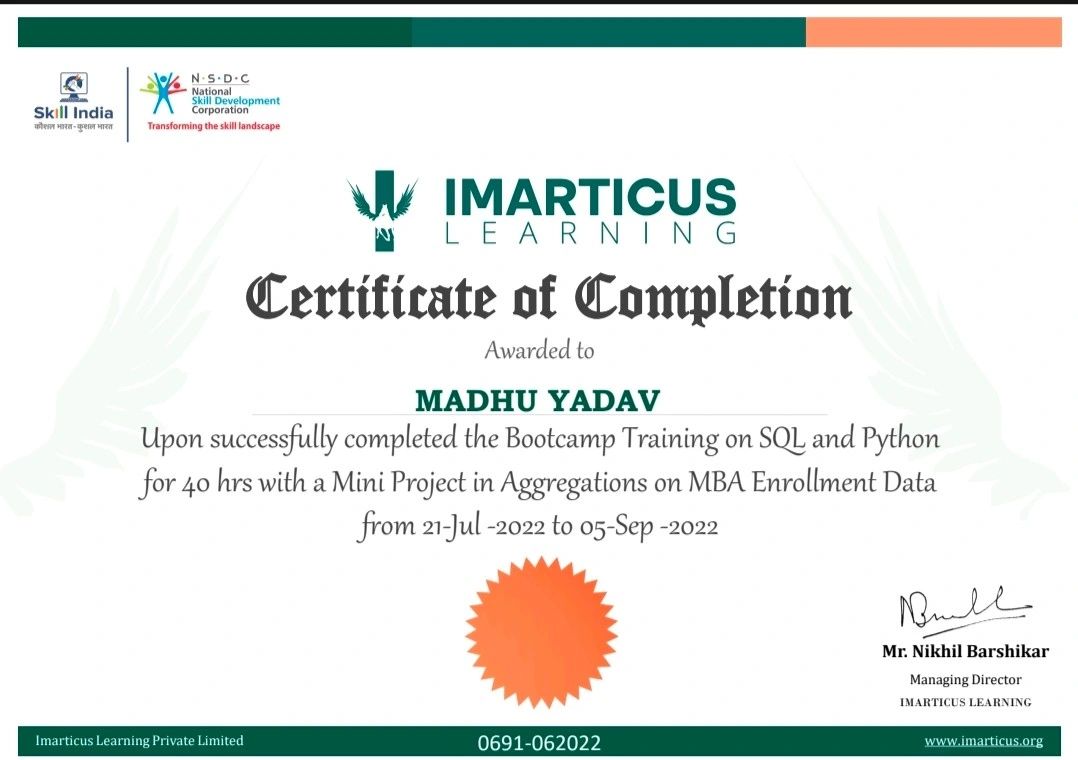 Madhu Yadav on LinkedIn: python and sql internship course completion ... Madhu Yadav on LinkedIn: python and sql internship course completion ...