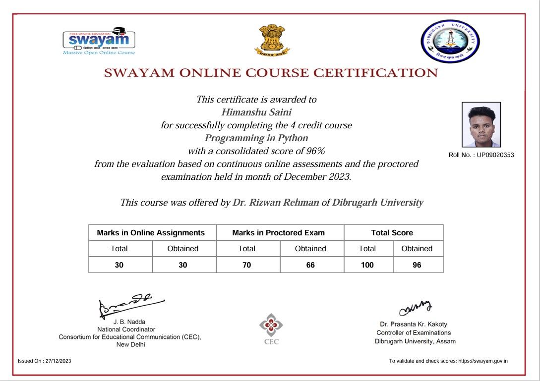 Himanshu Saini on LinkedIn: #python #nptel #certification # ... Himanshu Saini on LinkedIn: #python #nptel #certification # ...