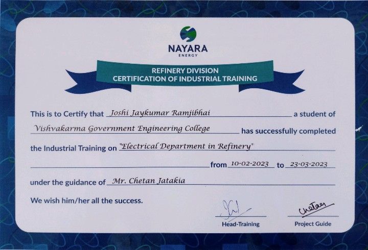 Jay Joshi on LinkedIn: #internship #electrical #training #nayaraenergy Jay Joshi on LinkedIn: #internship #electrical #training #nayaraenergy