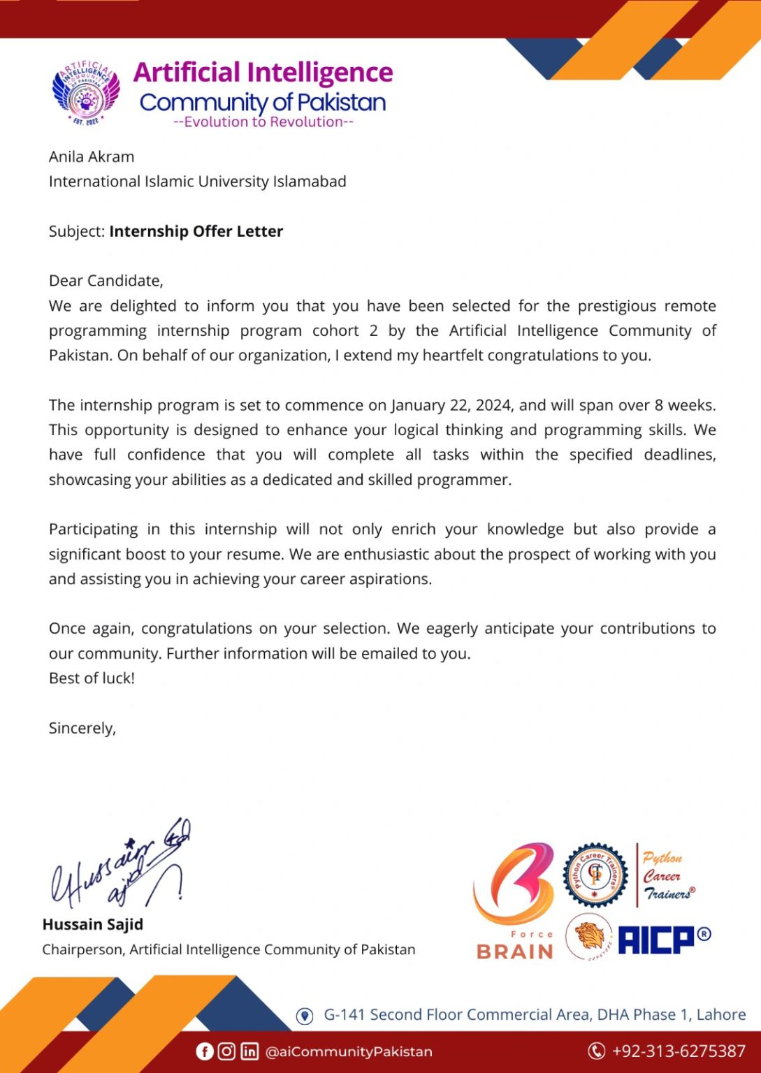 Anila Akram on LinkedIn: Honored to accept an internship at Artificial ... Anila Akram on LinkedIn: Honored to accept an internship at Artificial ...