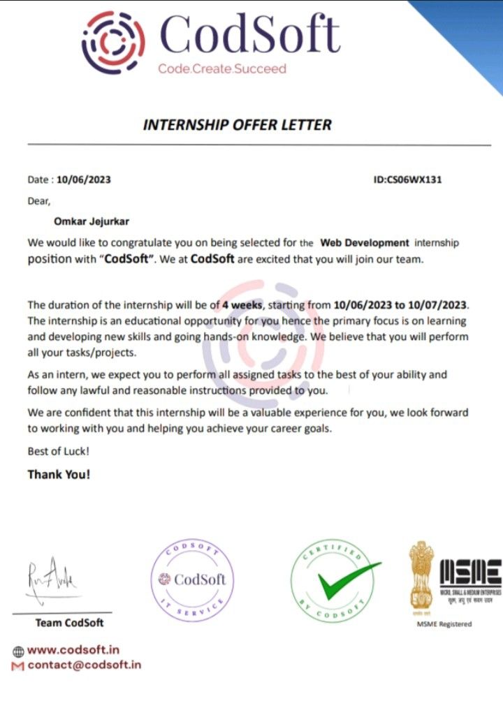 Omkar Jejurkar on LinkedIn: #codsoft #internship #excitingopportunity # ... Omkar Jejurkar on LinkedIn: #codsoft #internship #excitingopportunity # ...