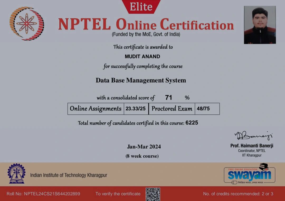MUDIT ANAND on LinkedIn: #nptel #iitkgp #dbms #certification MUDIT ANAND on LinkedIn: #nptel #iitkgp #dbms #certification