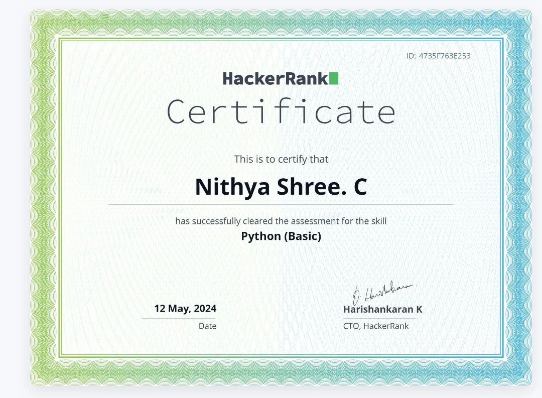 Completed Python course on HackerRank | Nithya shree C posted on the ... Completed Python course on HackerRank | Nithya shree C posted on the ...