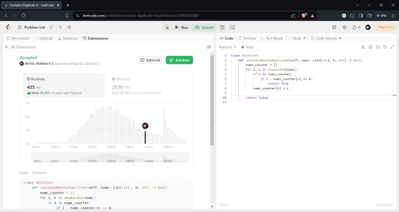 Completed LeetCode problem 'Contains duplicate ii' | MITHIL PRANAV R S ... Completed LeetCode problem 'Contains duplicate ii' | MITHIL PRANAV R S ...